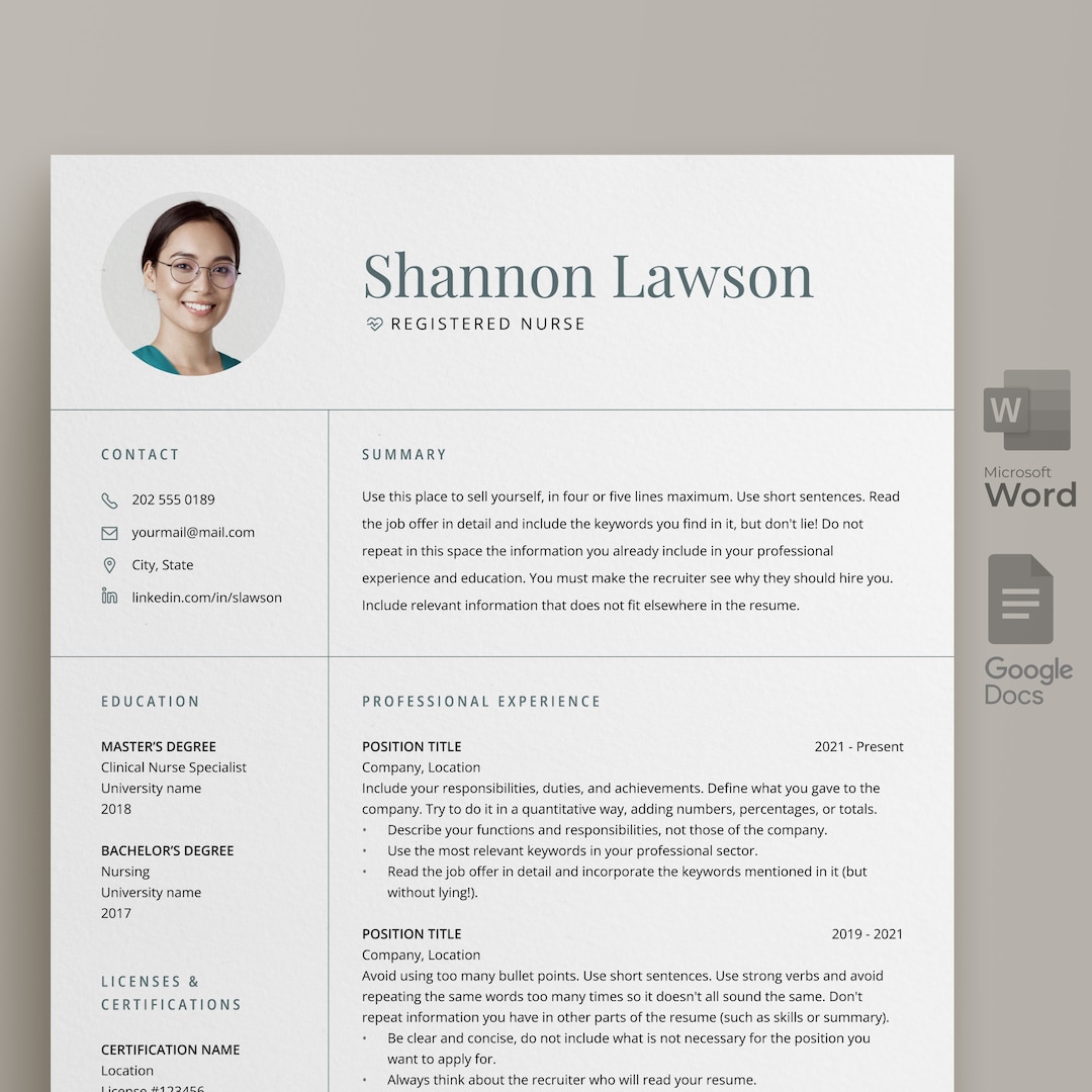 Registered Nurse Resume Template for Word and Docs Bundle, With Photo ...