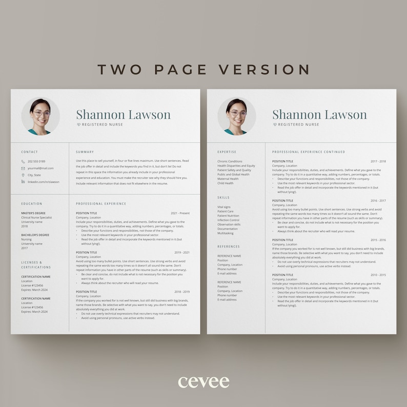Registered Nurse Resume Template for Microsoft Word With Photo. Includes 1 and 2 Page Resume ...