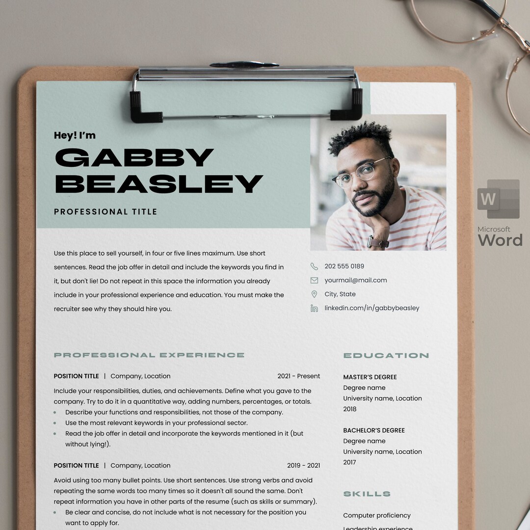 Creative Resume Template for Microsoft Word With Photo. Includes 1 and ...