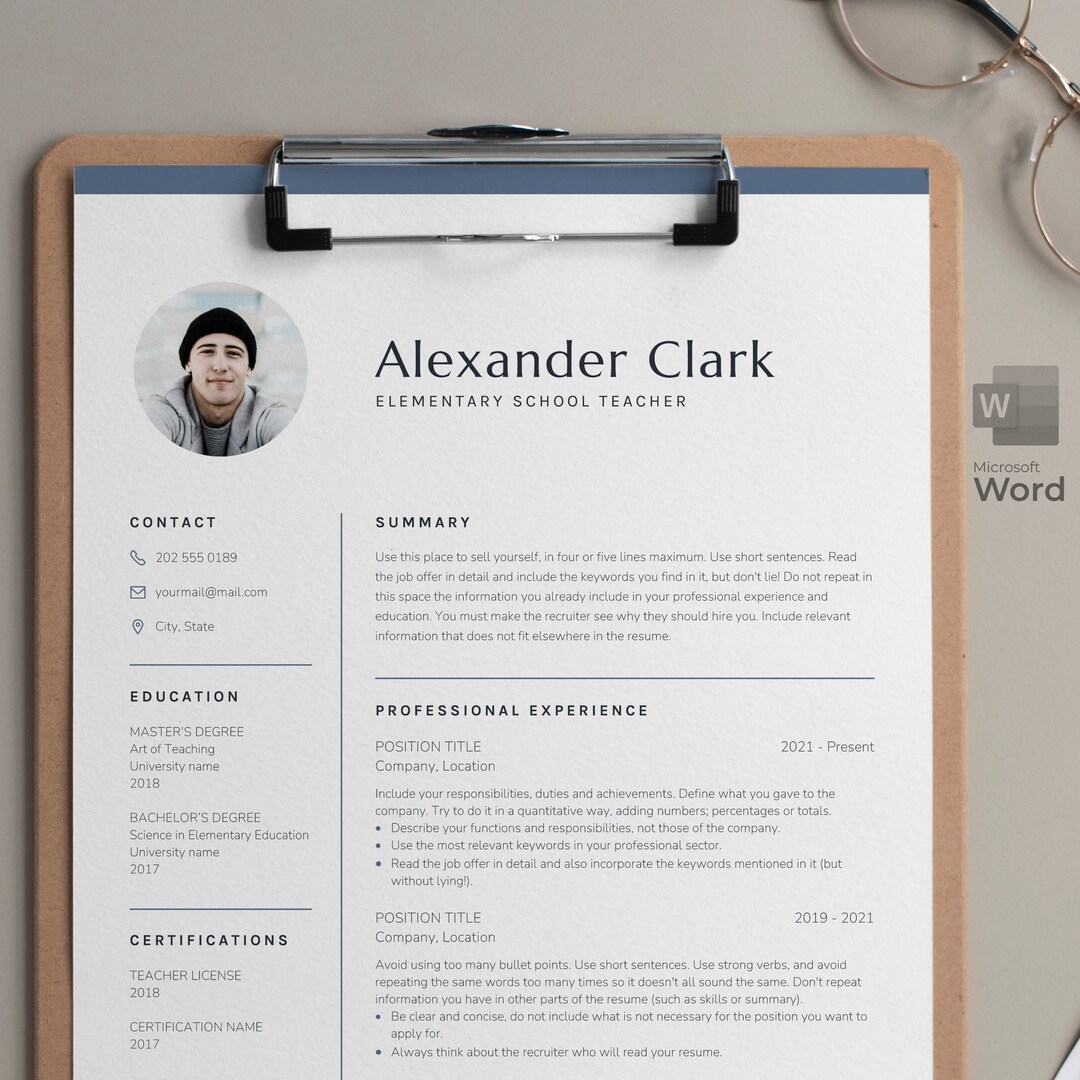 Teacher Resume Template for Microsoft Word, With Photo. Includes One ...