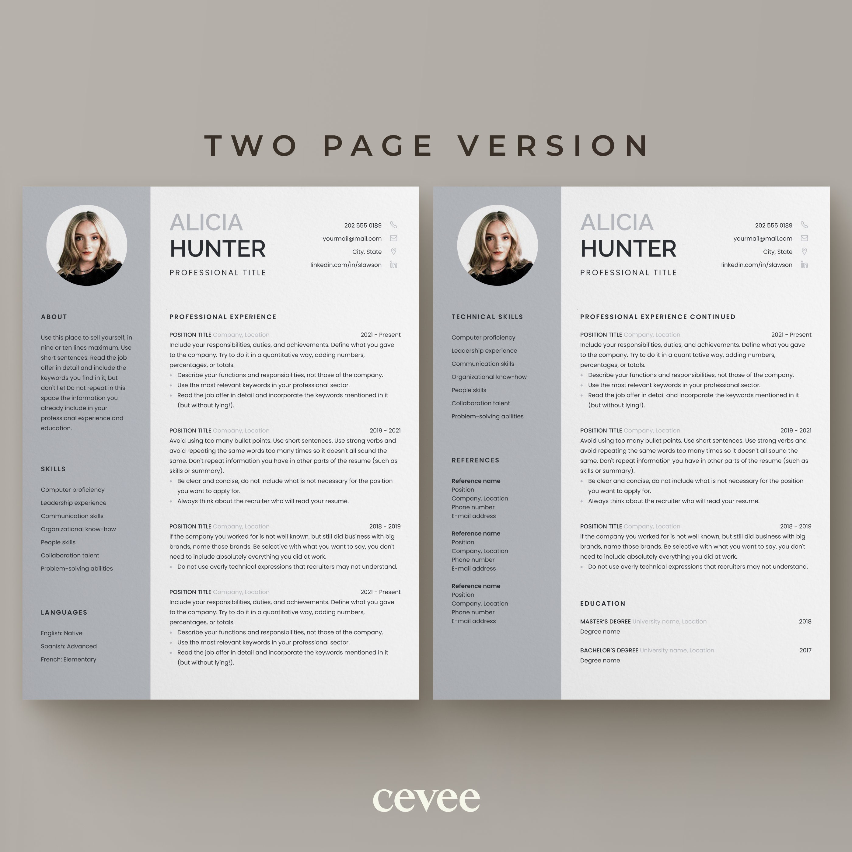 Resume Template for Microsoft Word With Photo. Includes 1 and 2 Page ...