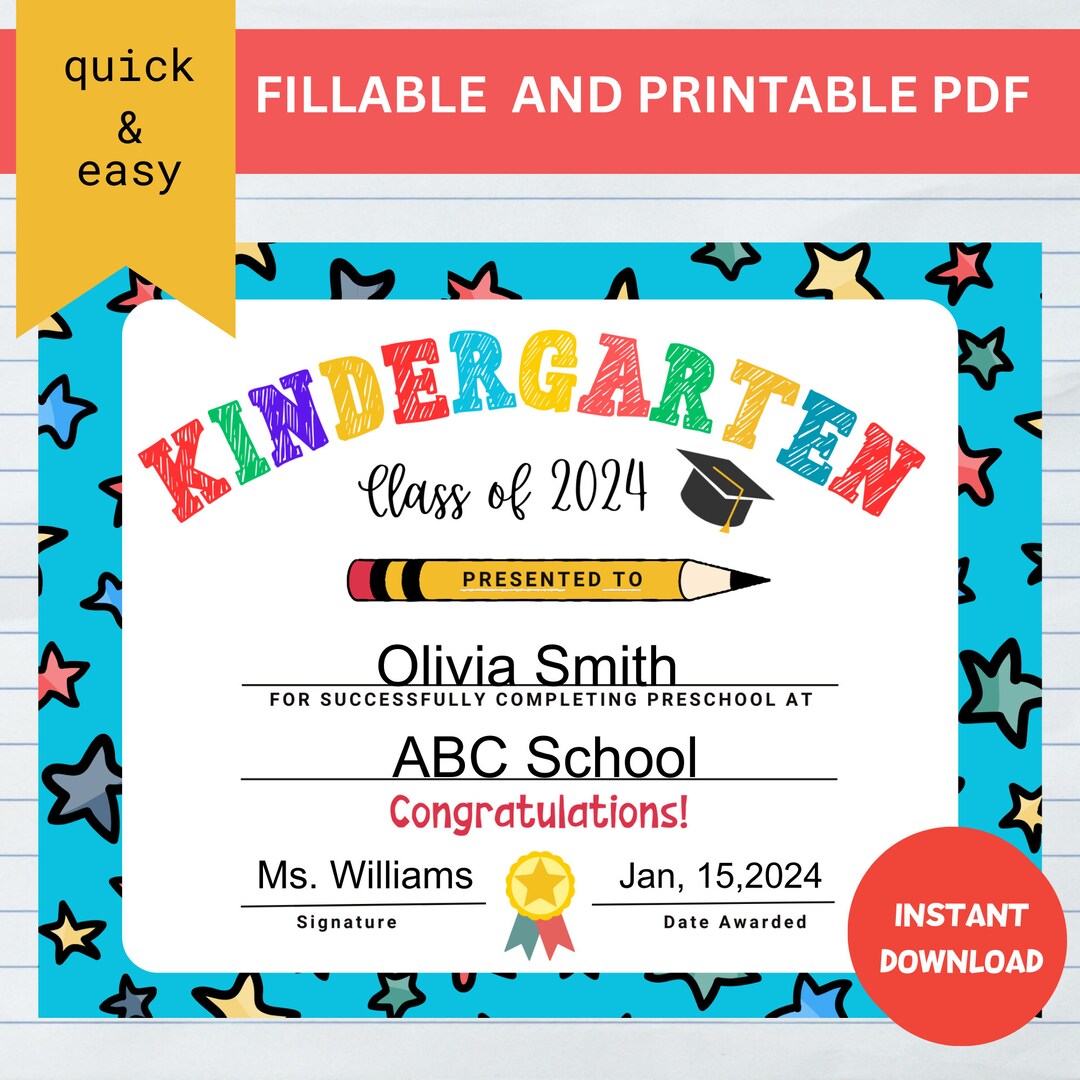 Fillable Personalized Kindergarten Graduation Certificate, Personalized ...