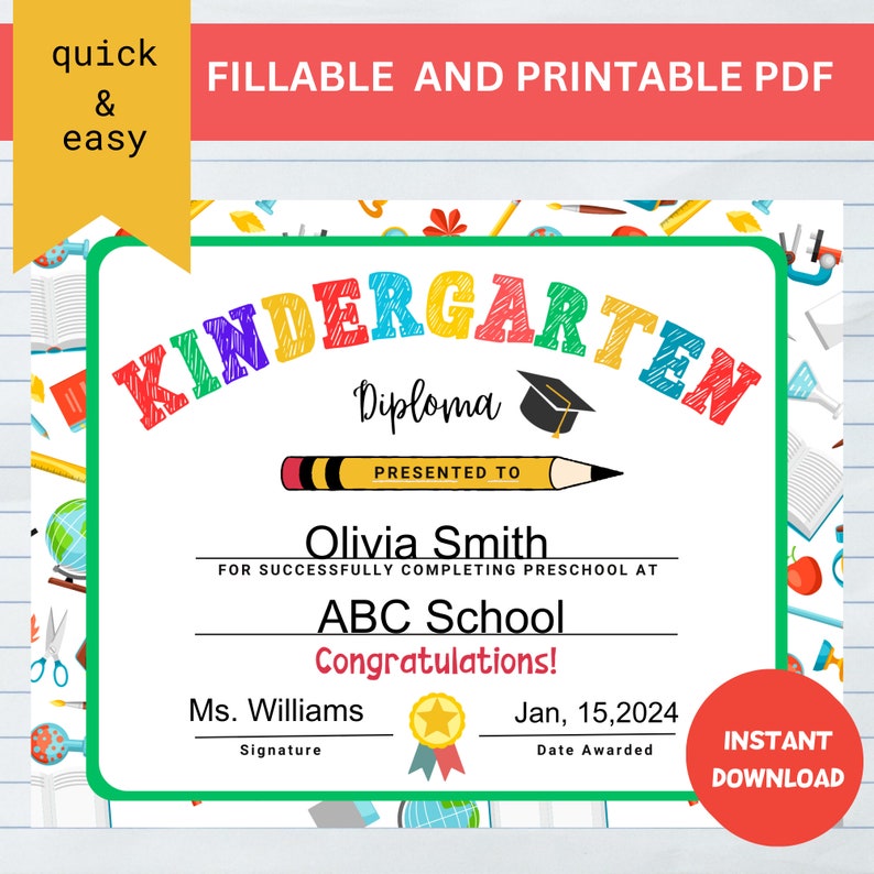Fillable Personalized Kindergarten Graduation Certificate Diploma ...