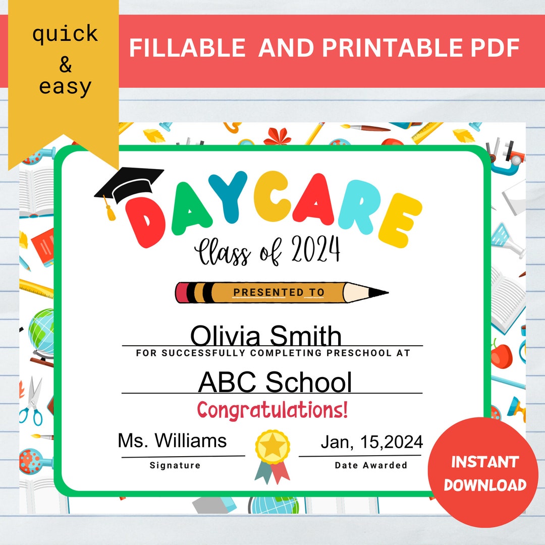 Fillable Daycare Graduation Certificate, Daycare Graduation, Last Day ...