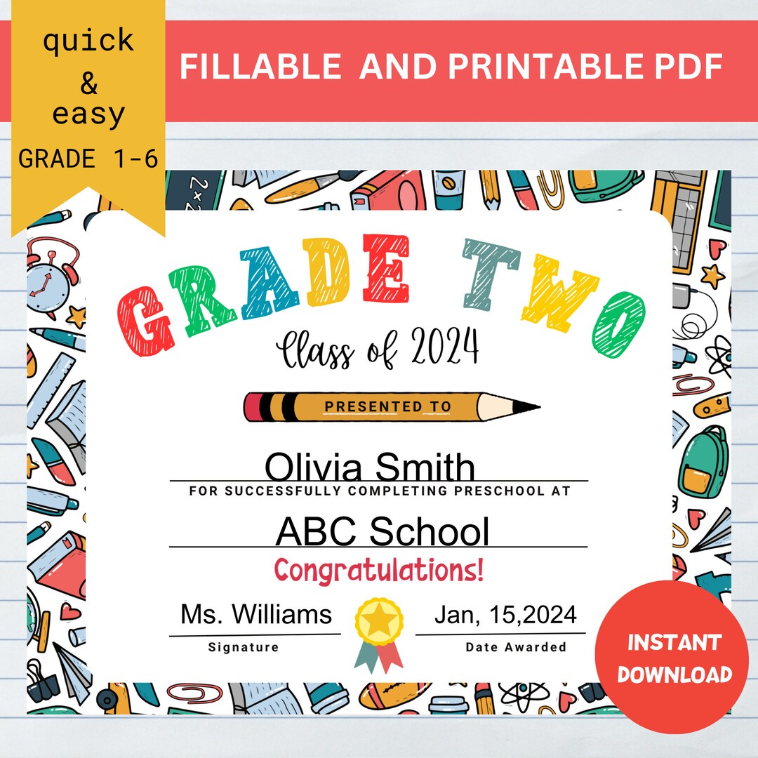 Fillable Grade Graduation Certificate, Elementary Grade 1 to 6 Graduate ...