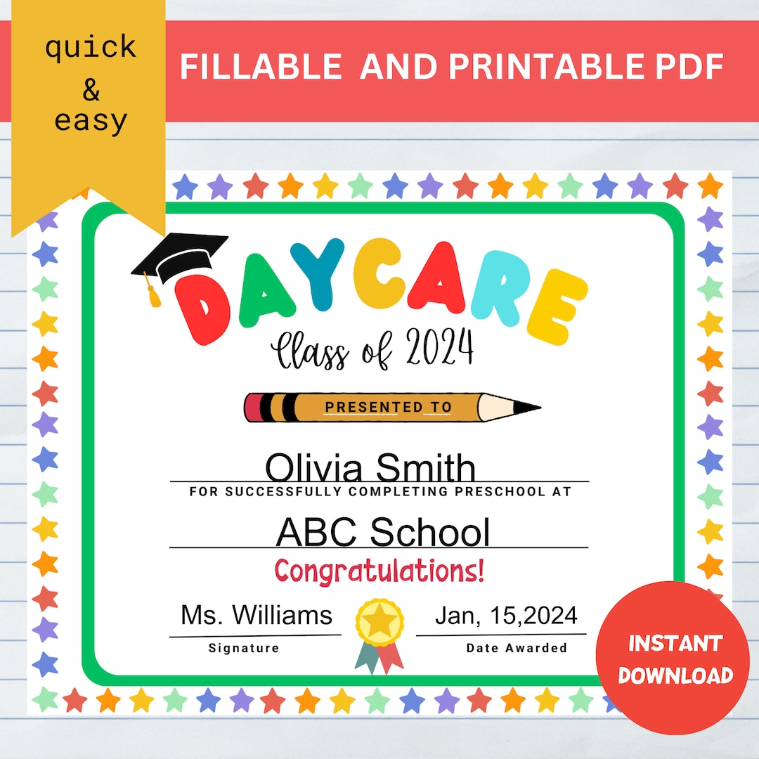 Fillable Daycare Certificate, Daycare Graduation, Last Day of School ...
