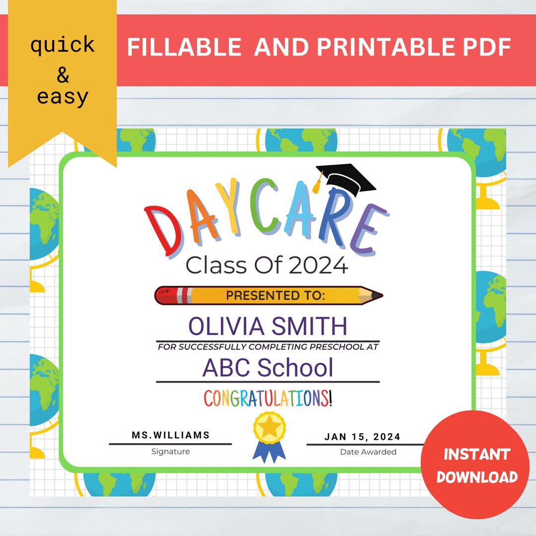 Fillable Daycare Graduation Certificate, Daycare Graduation, Last Day ...