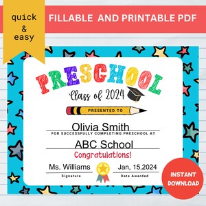 Fillable Preschool Graduation Certificate, Preschool Graduation, Last ...