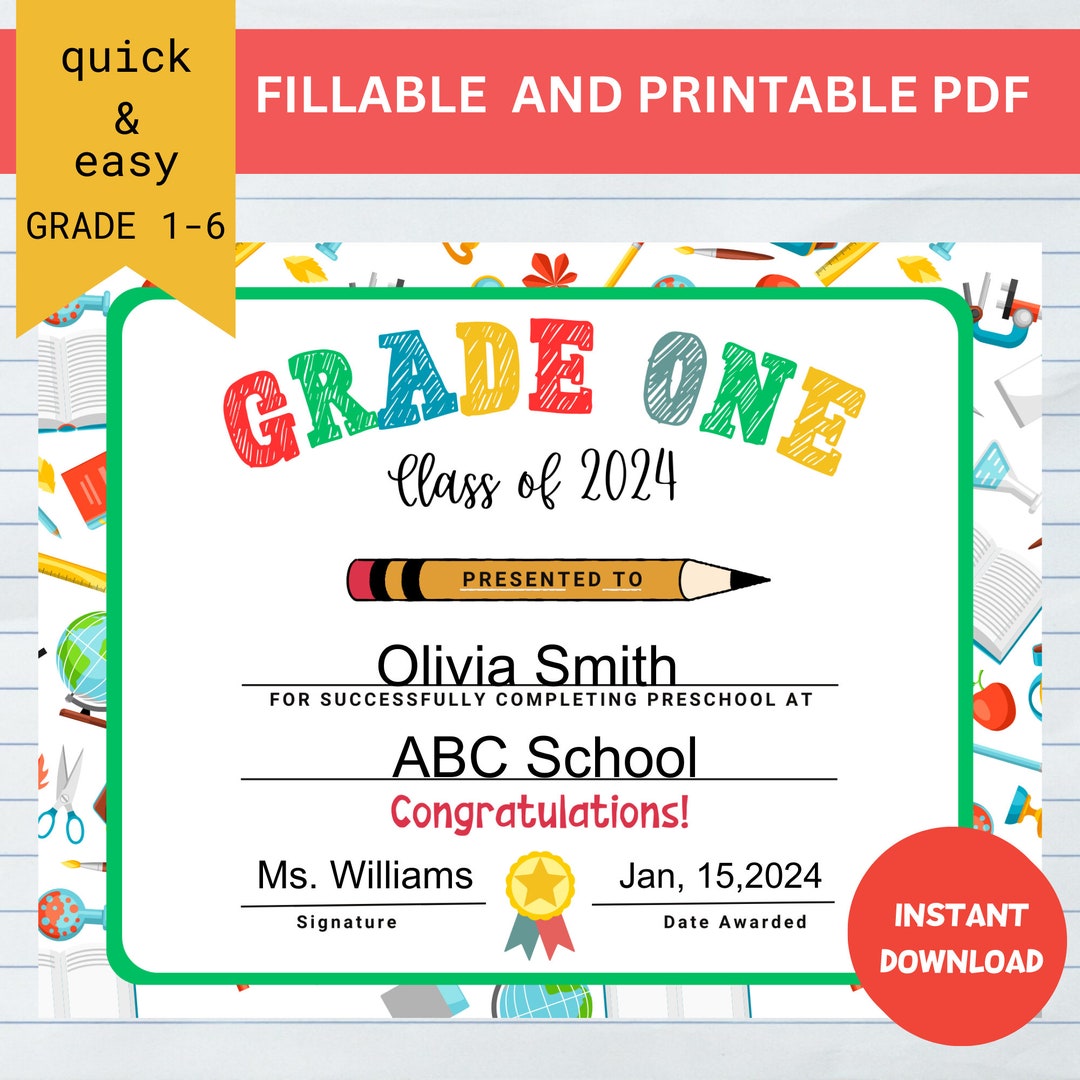 Fillable Grade Graduation Certificate Diploma, Elementary Grade 1 to 6 ...