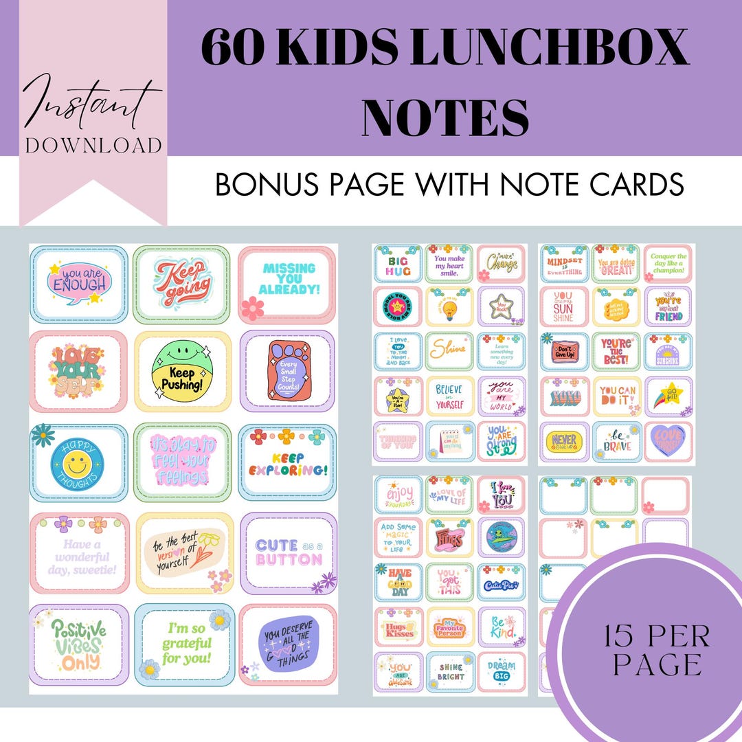 Lunch Box Notes for Kids, Ready-to-use, Back to School, Lunchbox Note ...