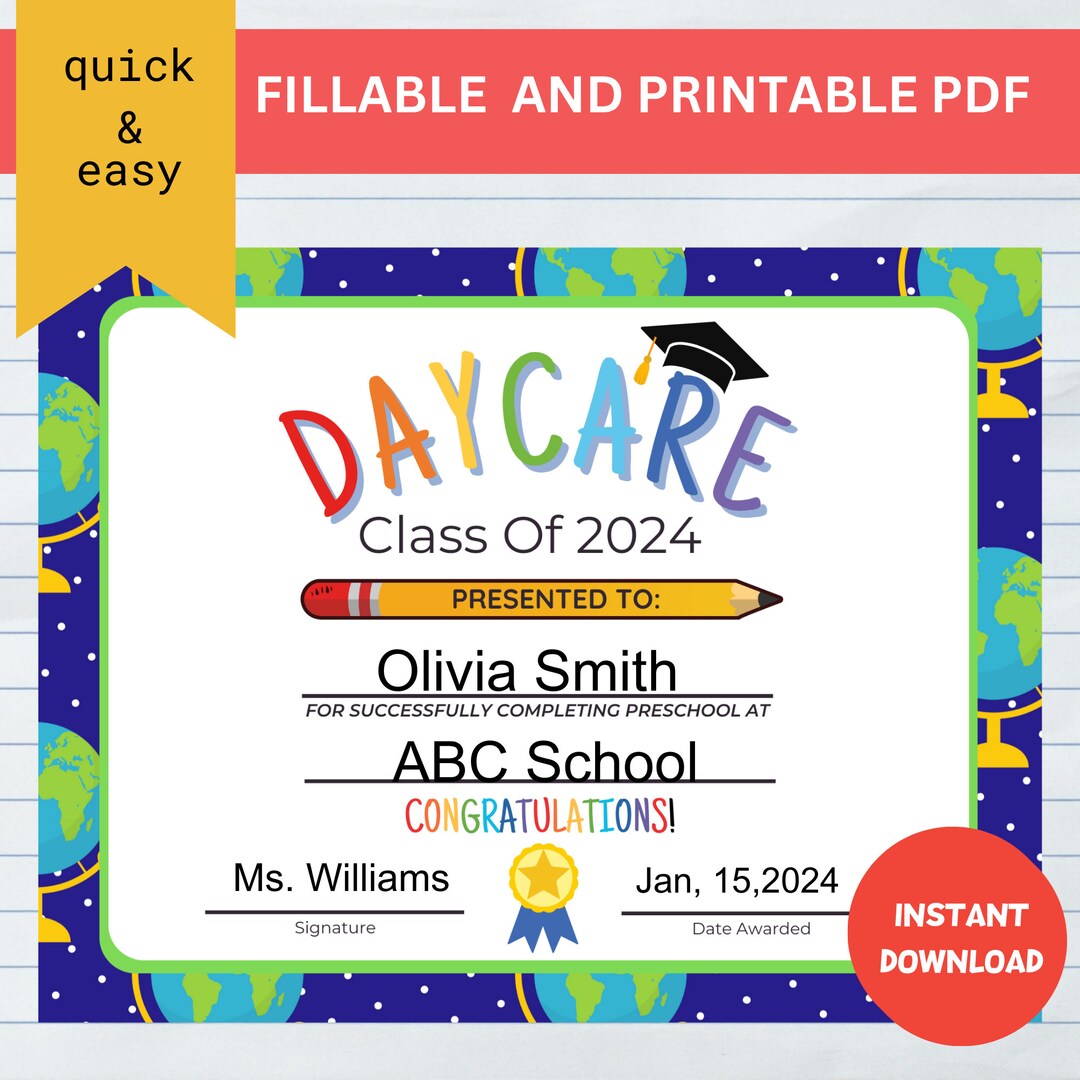 Fillable Daycare Graduation Certificate, Daycare Graduation, Last Day ...
