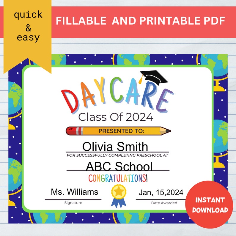 Fillable Daycare Graduation Certificate, Daycare Graduation, Last Day ...