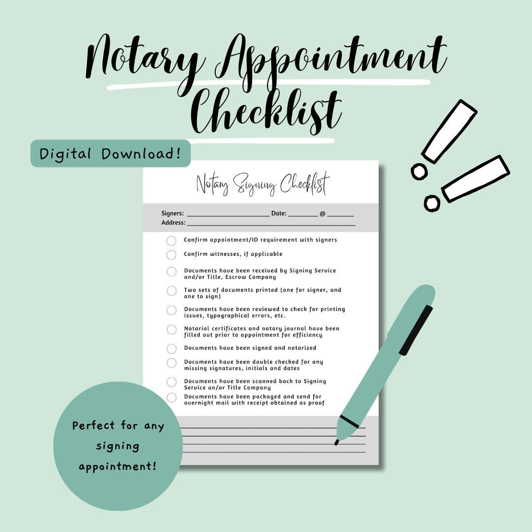 Notary Signing Agent Signing Appointment Checklist, Notary Public ...