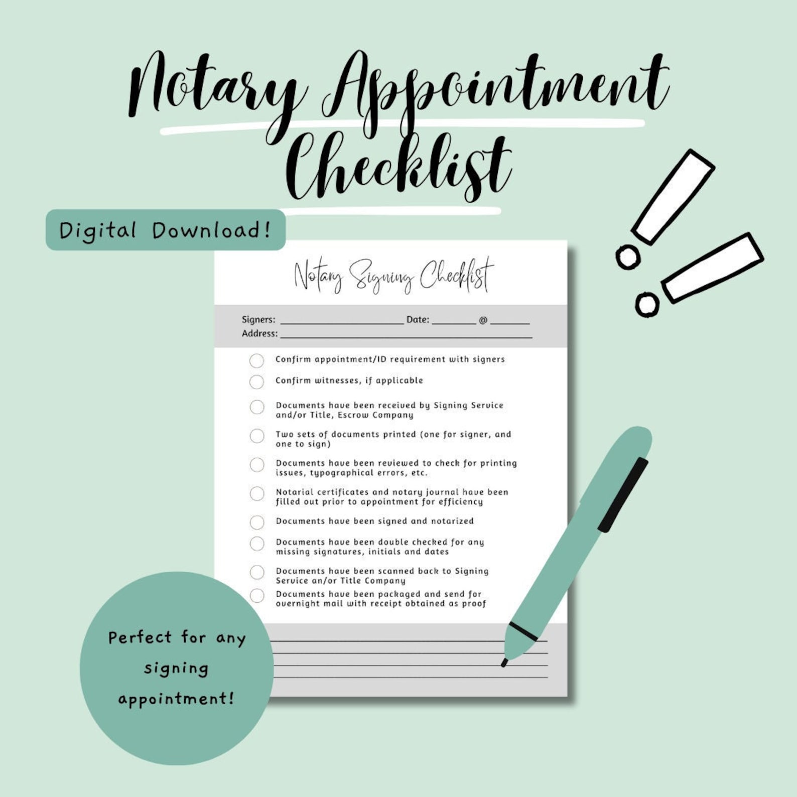 Notary Signing Agent Signing Appointment Checklist, Notary Public ...
