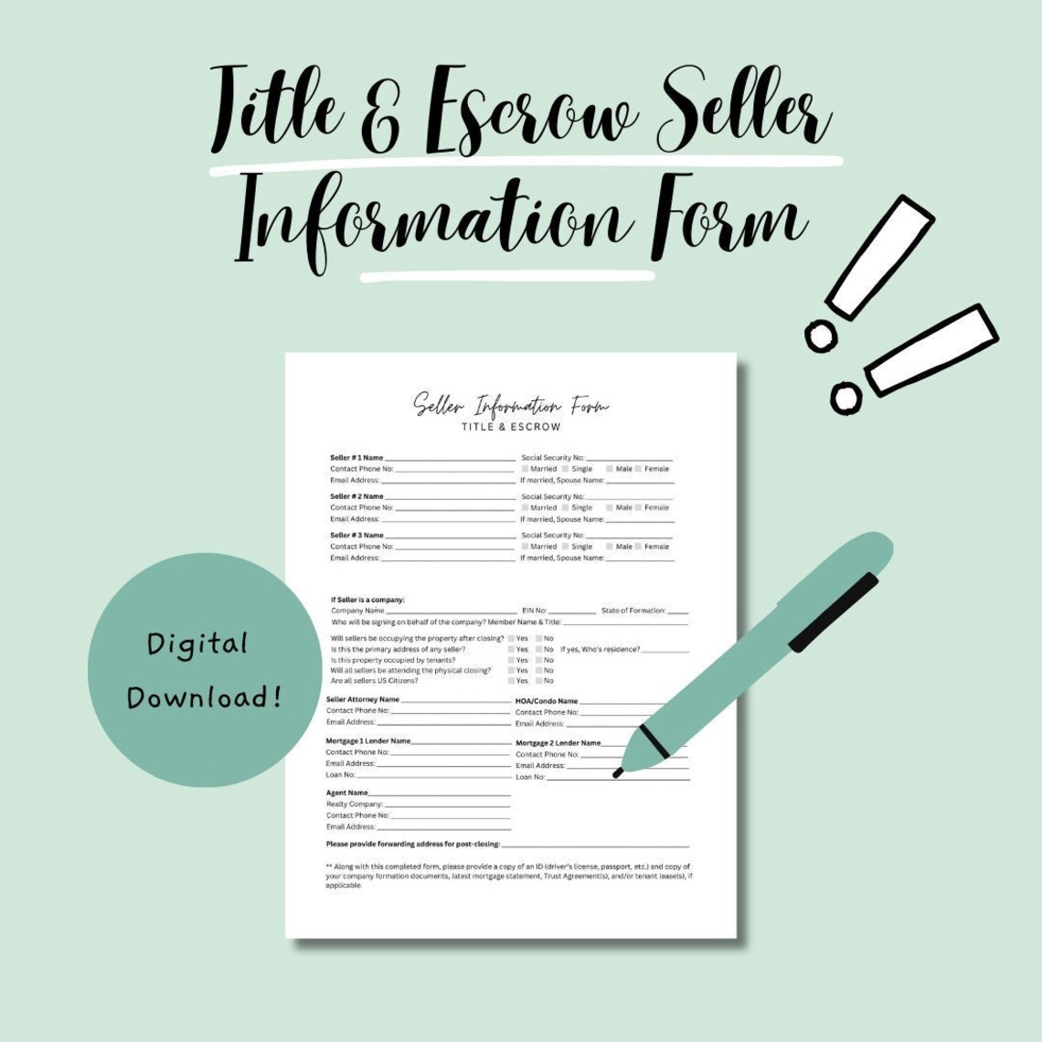 Title & Escrow Seller Information Form, Real Estate Seller Info Sheet ...