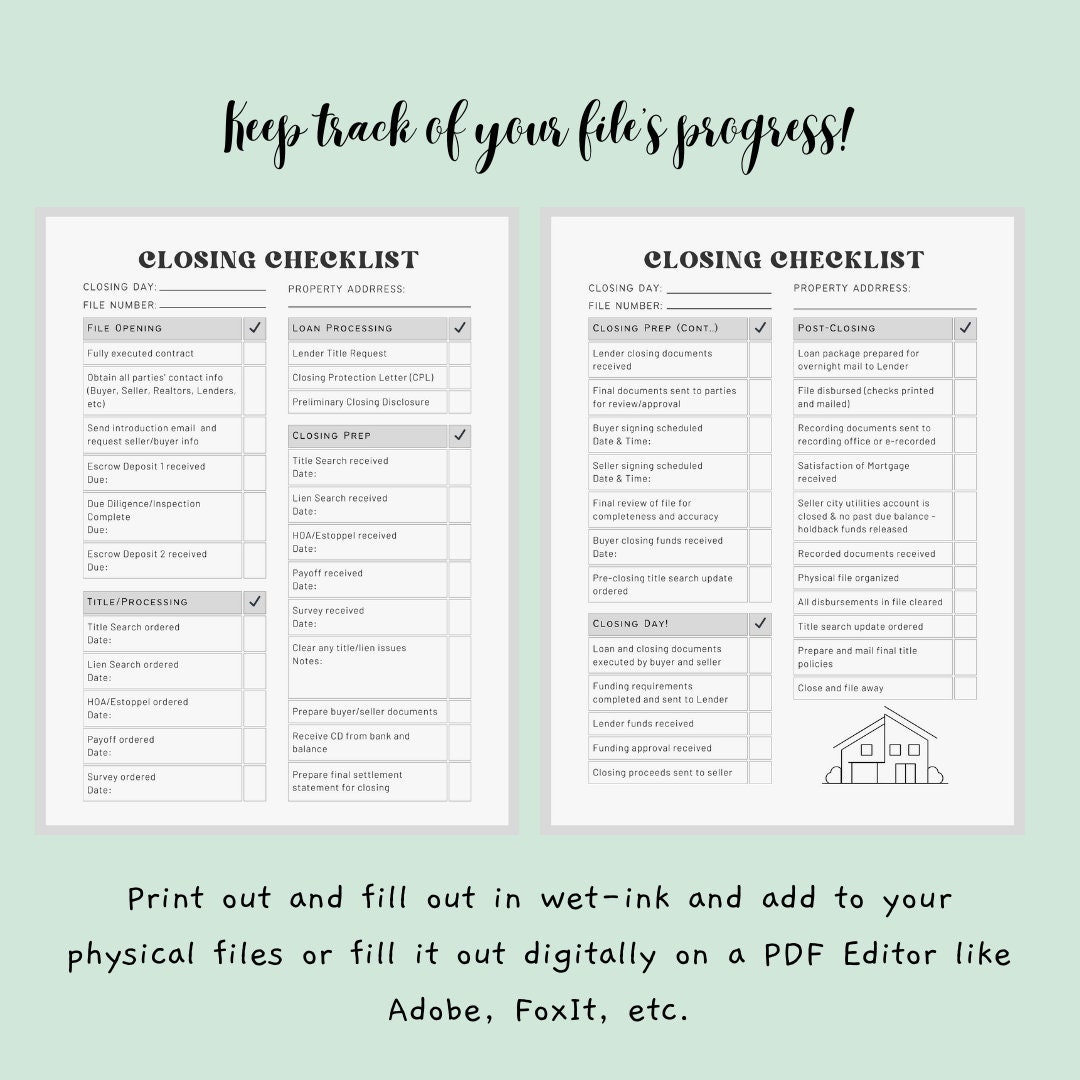 Title & Escrow Closing File Checklist, Real Estate Closing Checklist - Etsy