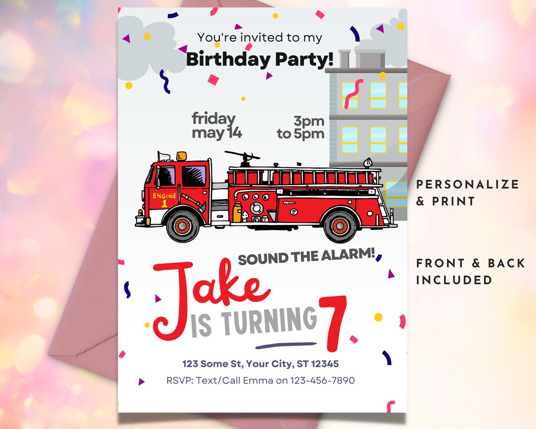 Firetruck Party Invitation Fire Engine Party Invite Editable - Etsy