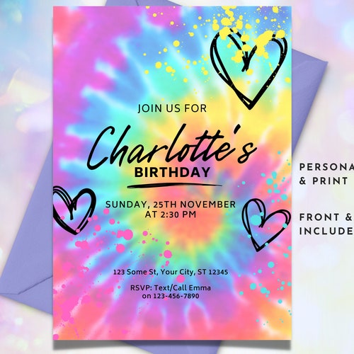 Tie Dye Birthday Invitation Instant Party Printable Rainbow - Etsy