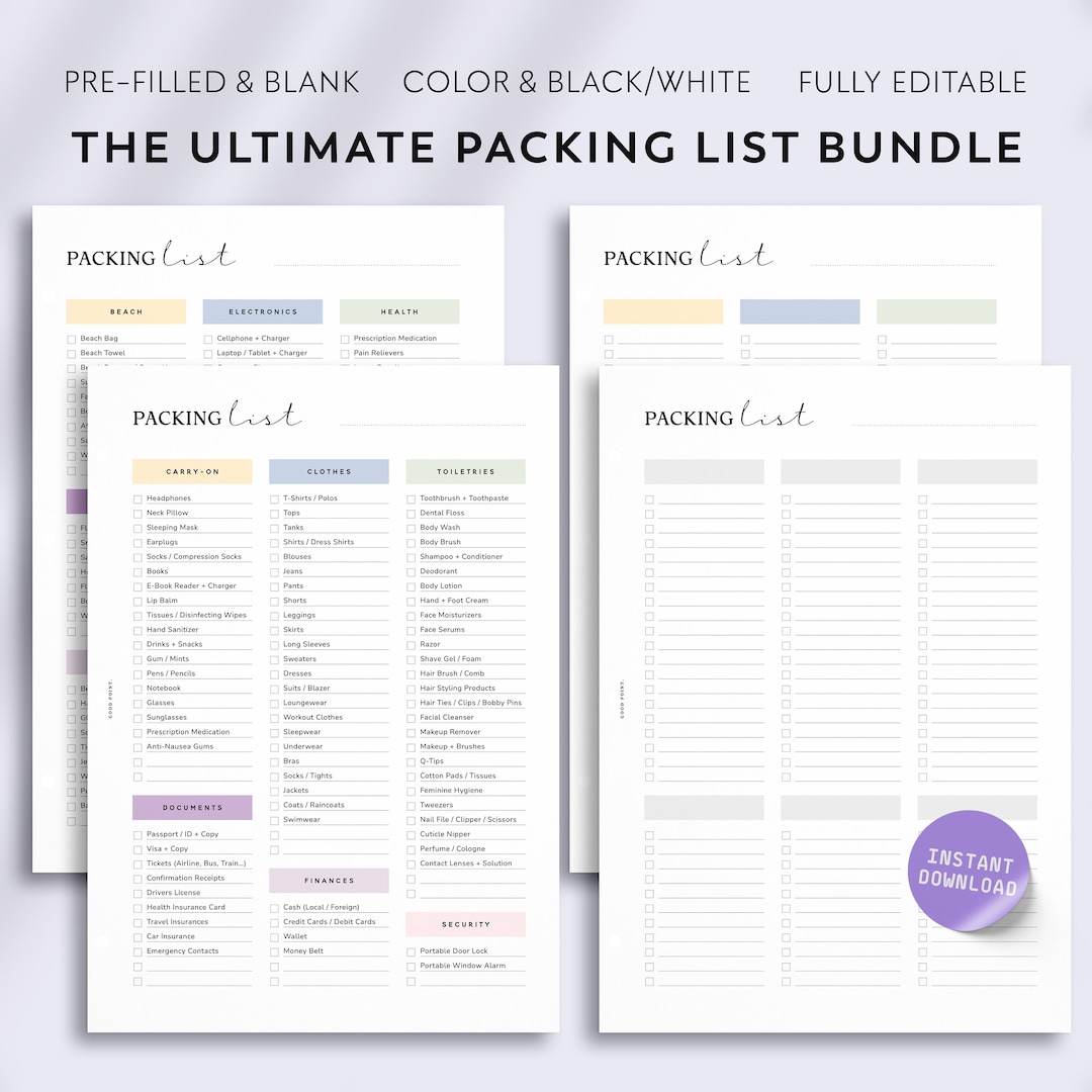 Packing List Printable Editable Packing List Template - Etsy