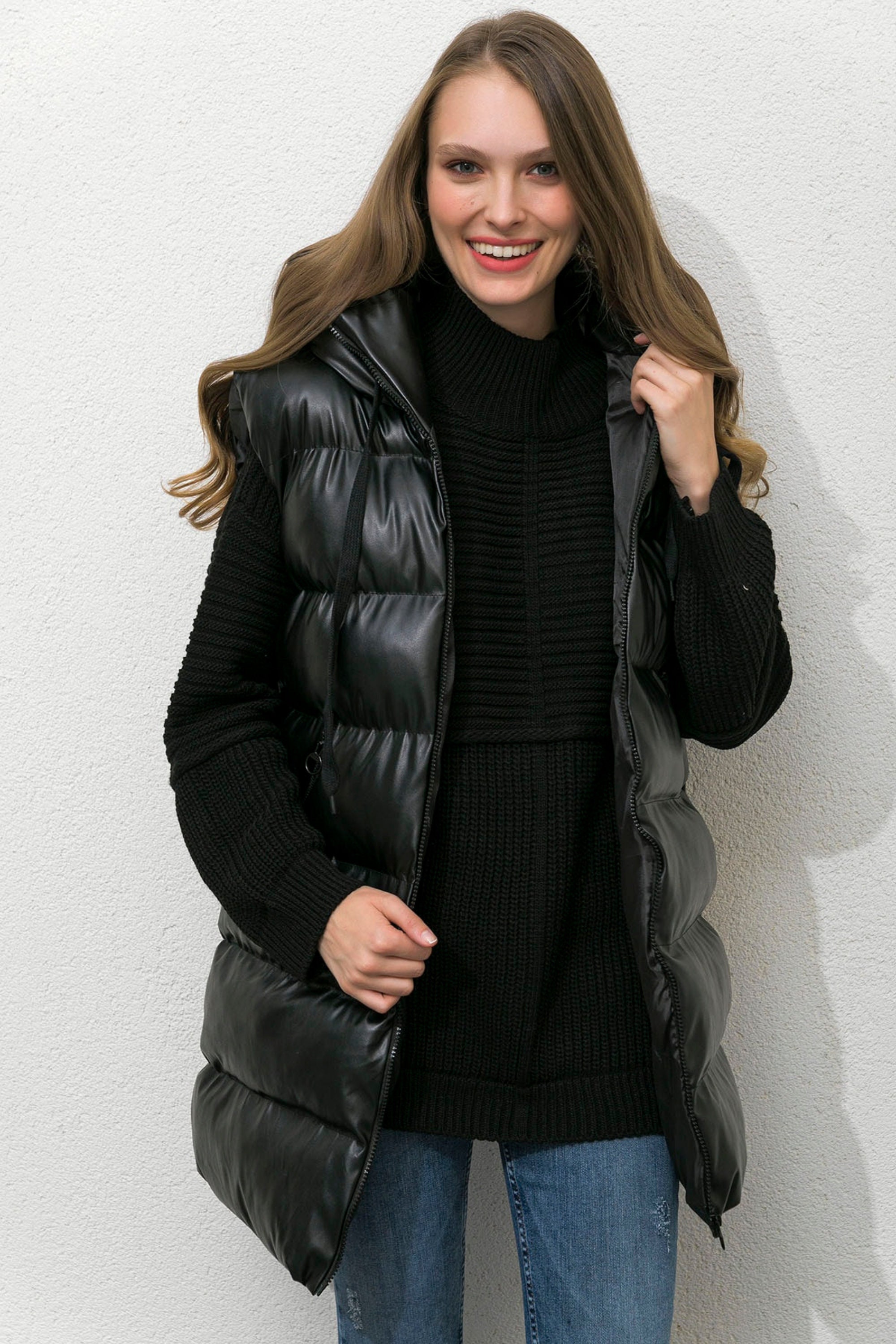 Puffy Designer Vest Leather Black Long Puffer Vest Women Puffer Vest Pattern 70's Puffer Winter ...