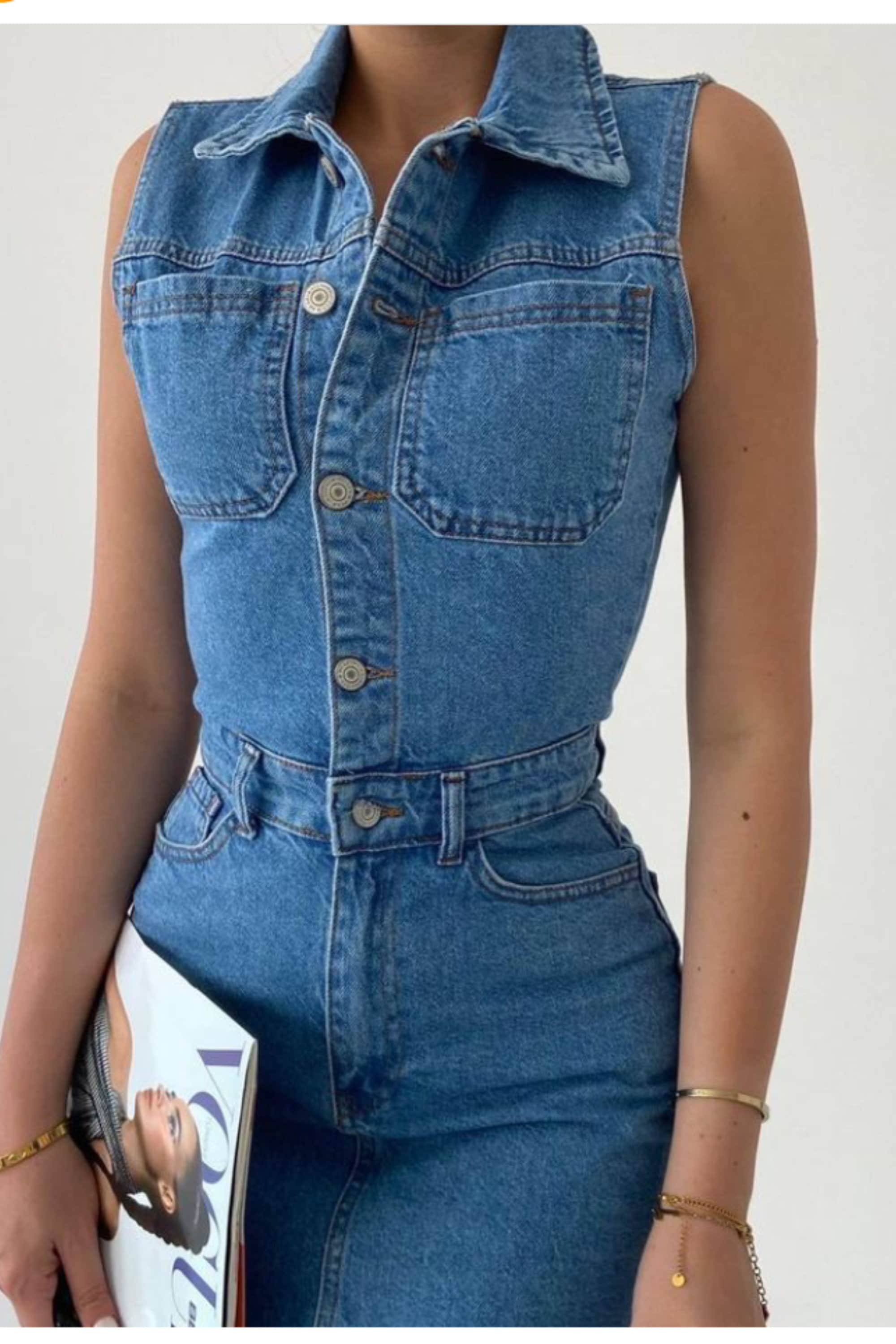 Short Denim Dress With Straps Retro Denim Dress Blue Jean Dress Denim ...
