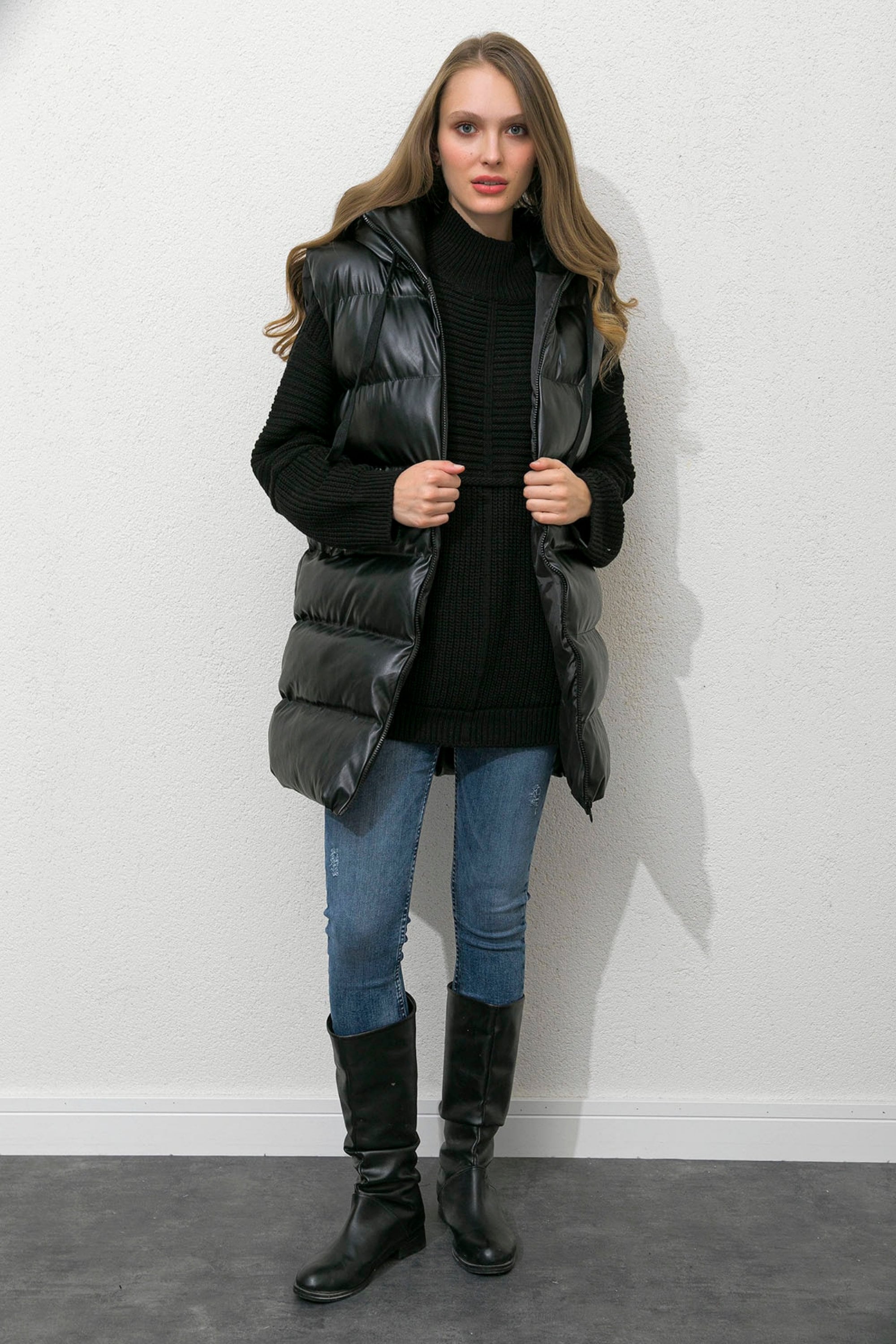 Puffy Designer Vest Leather Black Long Puffer Vest Women Puffer Vest ...