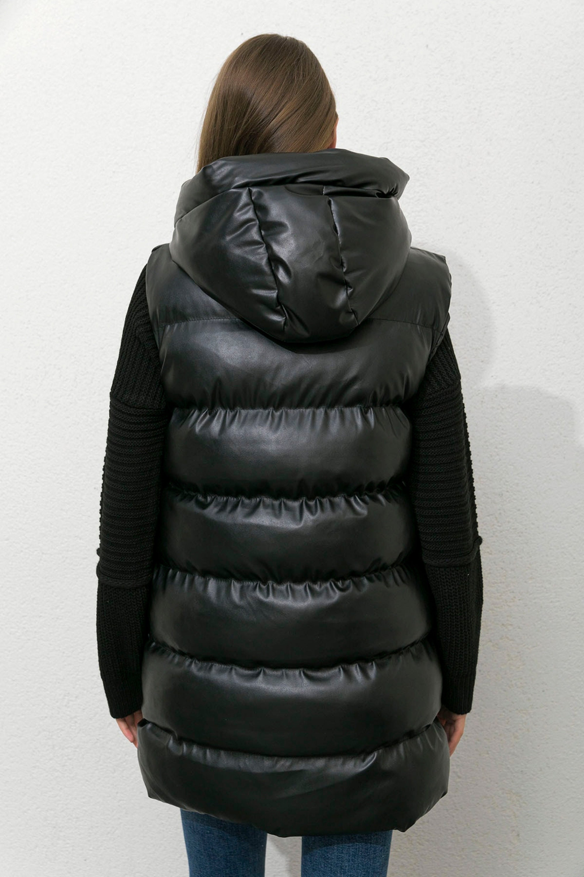 Puffy Designer Vest Leather Black Long Puffer Vest Women Puffer Vest ...