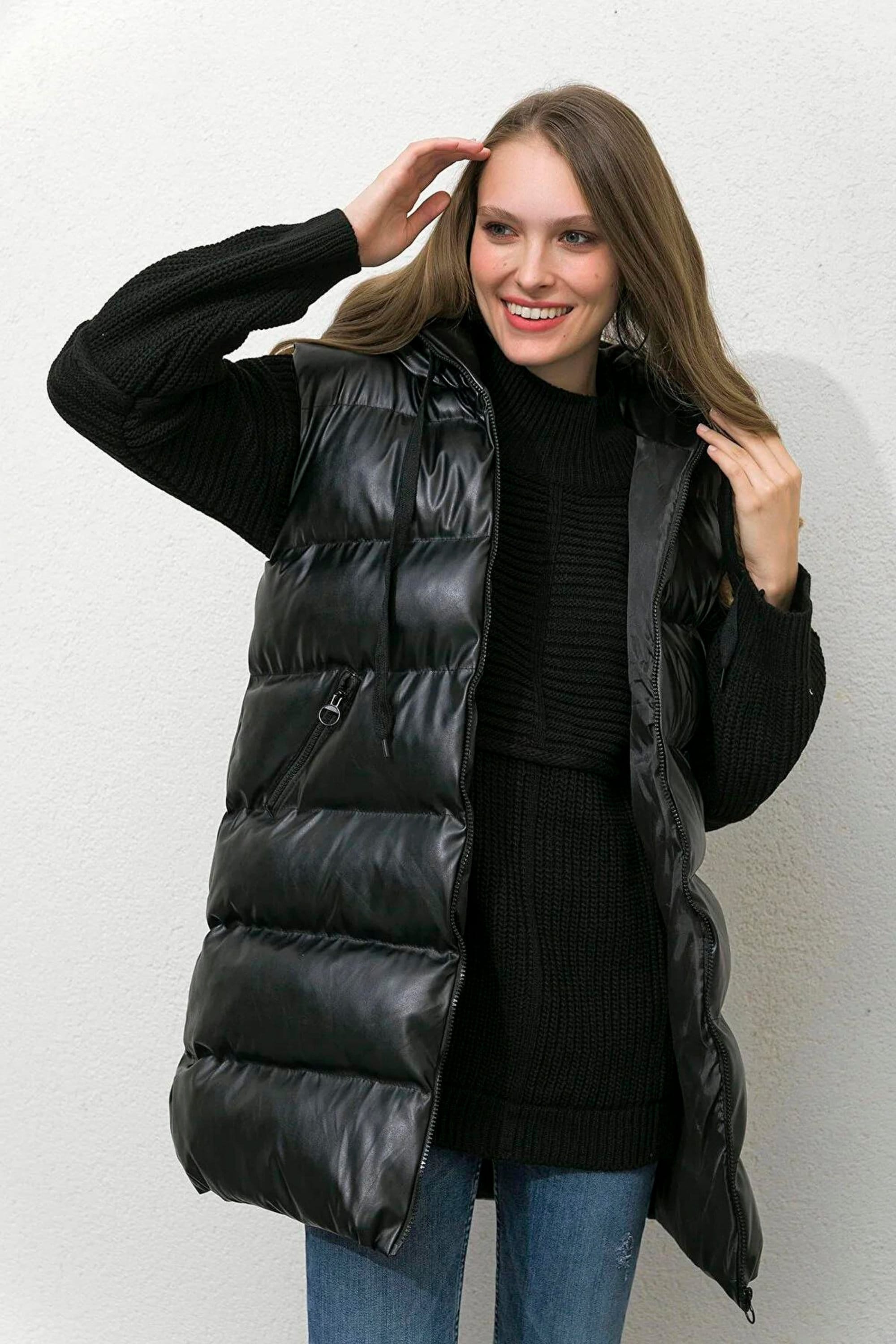 Puffy Designer Vest Leather Black Long Puffer Vest Women Puffer Vest ...