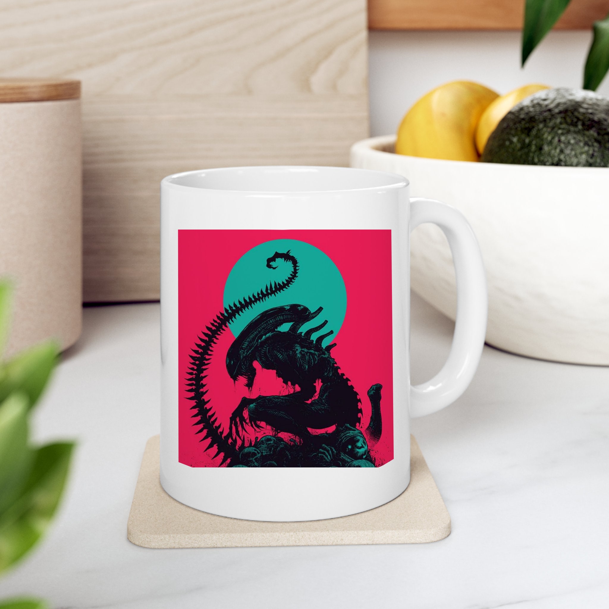 Xenomorph Illustration Aesthetic Colors Mug, Coffee Mug, Tea Cup, Funny ...