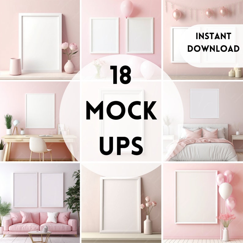 18 Frames Mock-ups, Pink Frames Mockup, Frame Mockup, Mock up Bundle, Stock Photo, Template ...