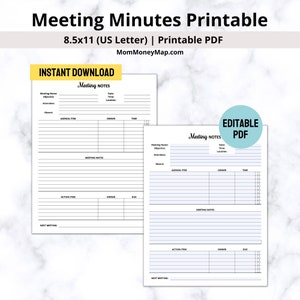 Meeting Minutes Printable PDF, Editable Agenda and Minutes, Meeting ...