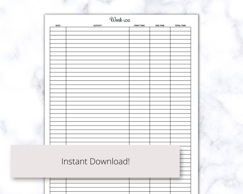 Work Log Printable PDF Portrait, Task Time Tracker, Time Log Printable ...