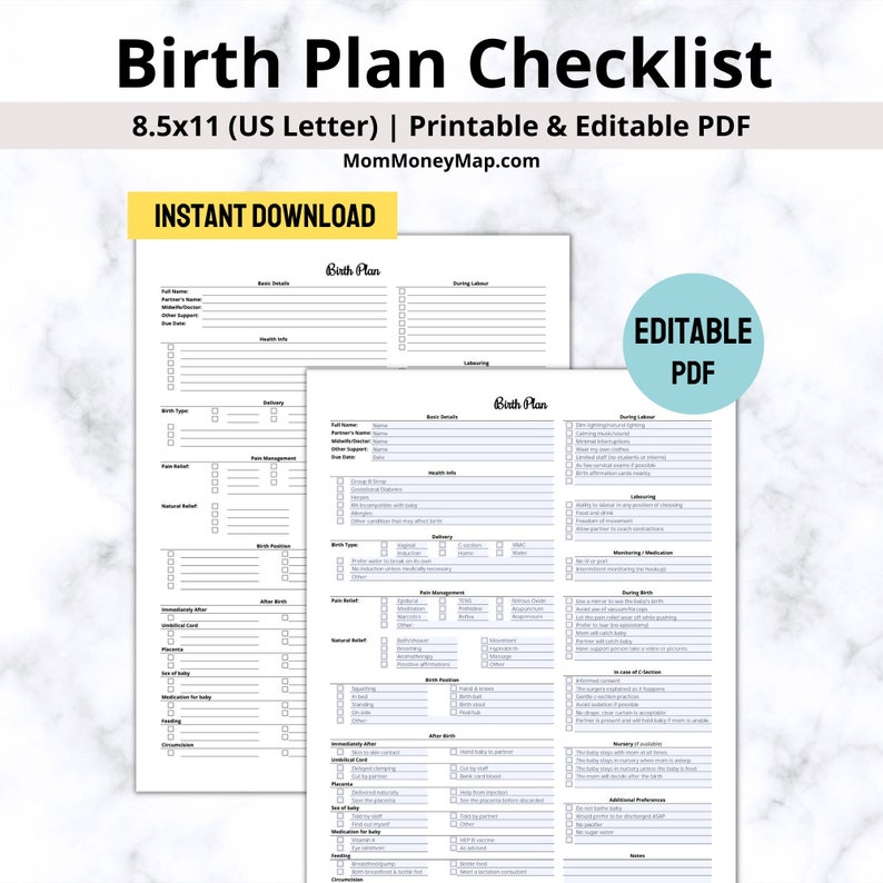 Birth Plan Checklist Printable PDF, Birthing Plan Checklist Template ...