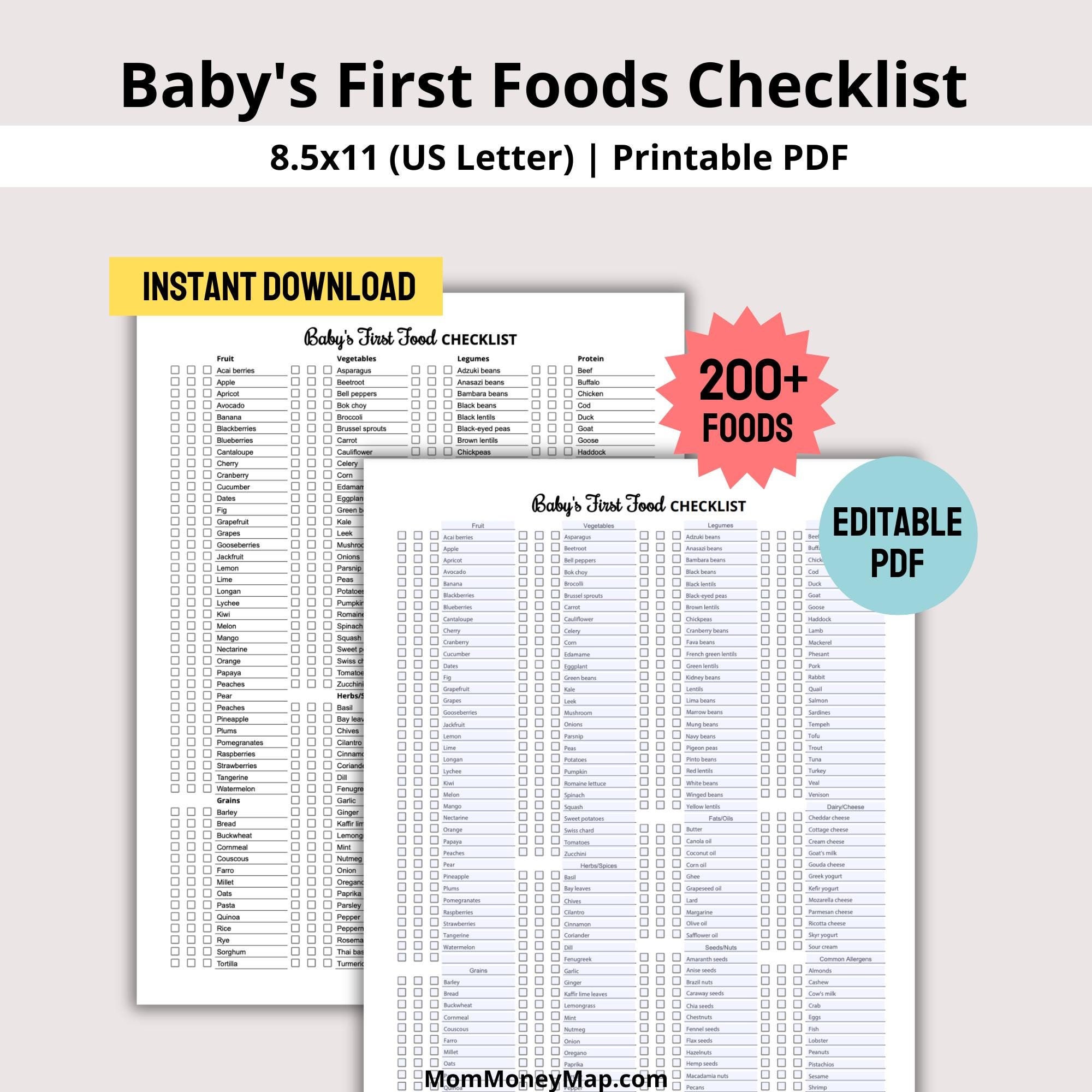 Baby's First Foods Checklist Printable PDF, Baby Food Tracker, Baby ...
