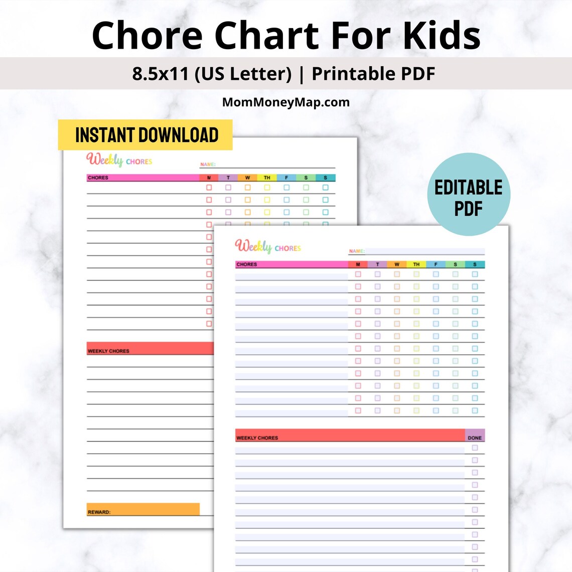 Multi-color Kids Chore Chart Printable PDF, Kids Daily Tasks, Kids ...
