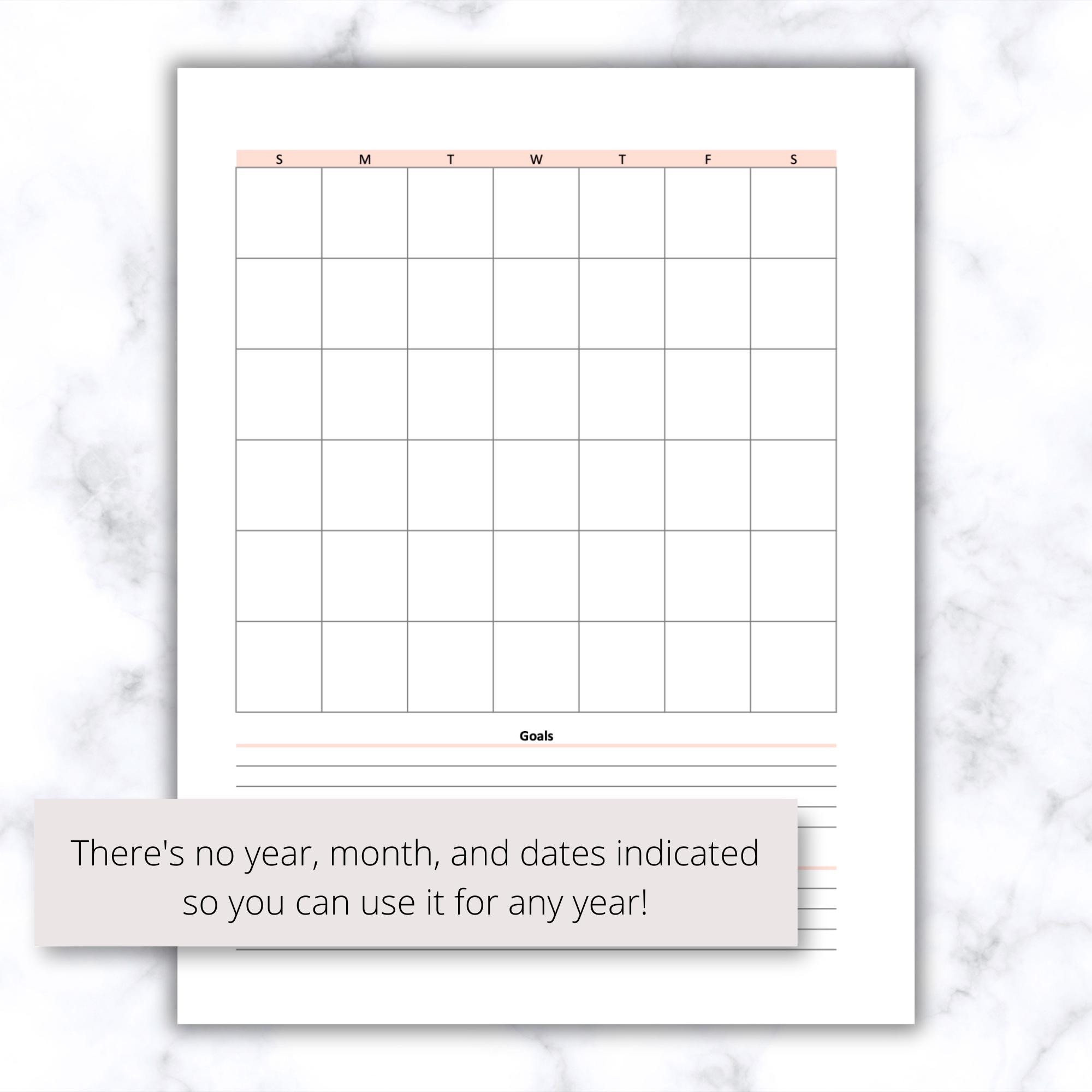 Monthly Calendar Printable Color PDF, Blank Monthly Calendar Pages ...