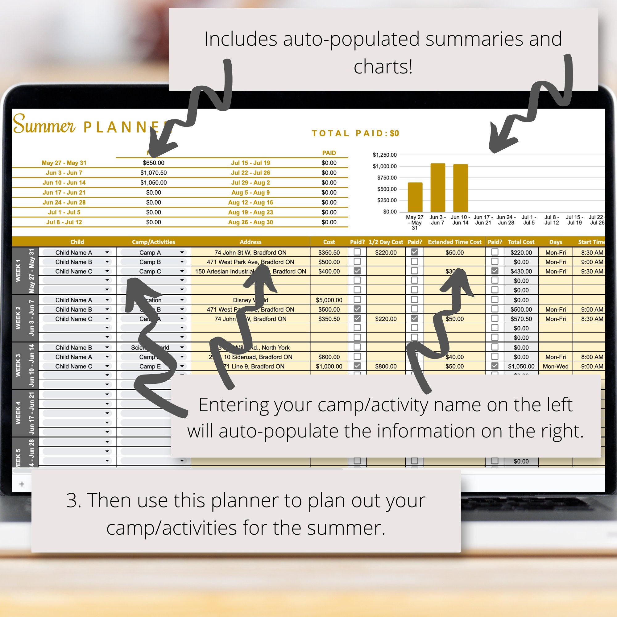 Summer Camp Planner Google Sheets Spreadsheet (14 Weeks), Summer Camp ...