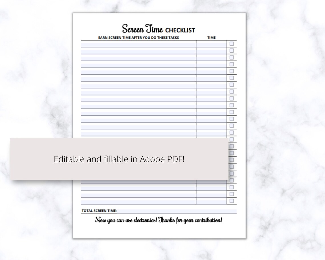 Screen Time Checklist Printable PDF, Screen Time Chore Chart, Editable ...