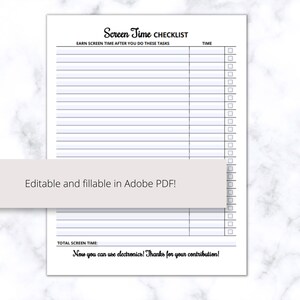 Screen Time Checklist Printable PDF, Screen Time Chore Chart, Editable ...