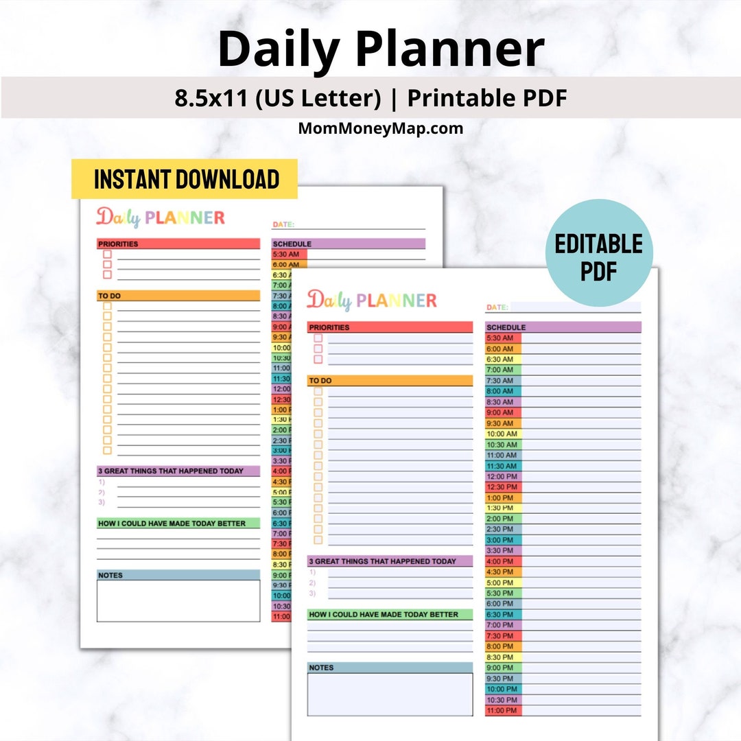 Multi-color Daily Planner Printable PDF, Daily Organizer, Productivity ...