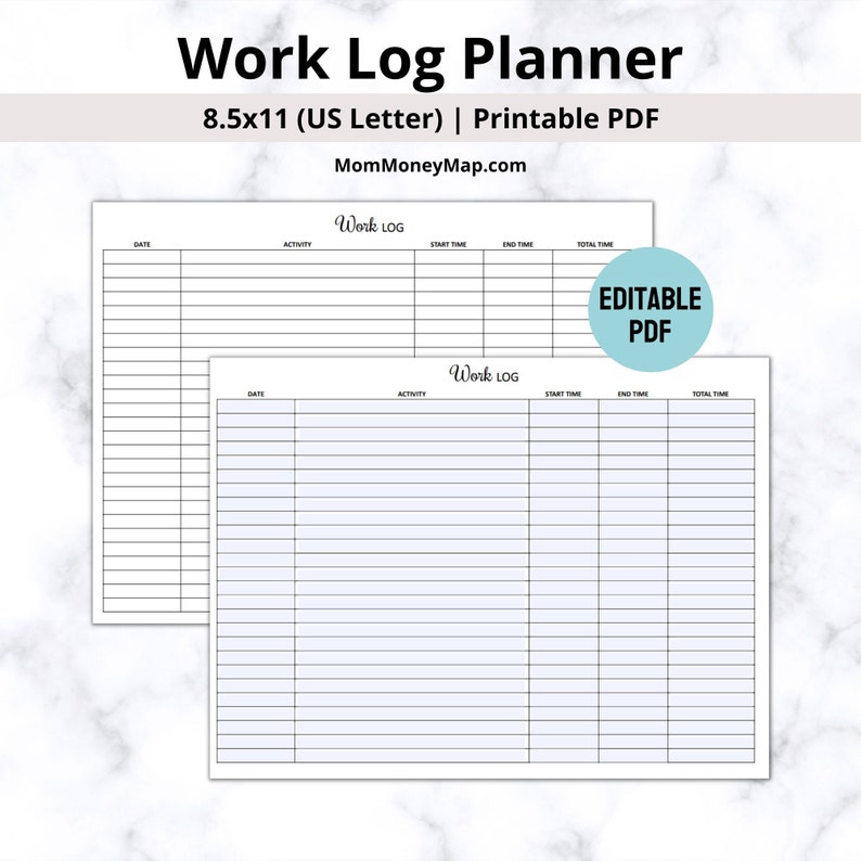 Work Log Landscape Printable PDF, Task Time Tracker, Time Log Printable ...