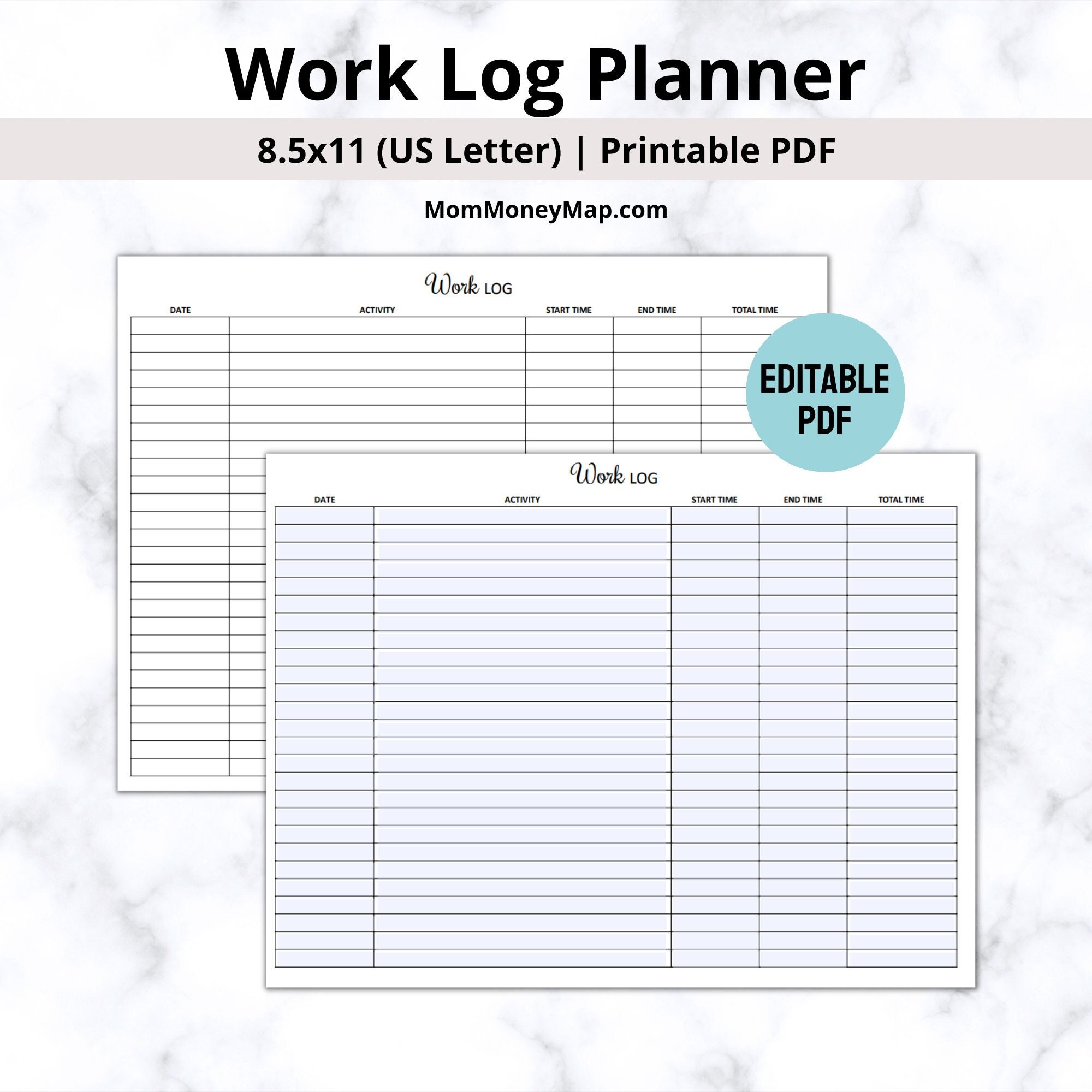 Work Log Landscape Printable PDF, Task Time Tracker, Time Log Printable ...