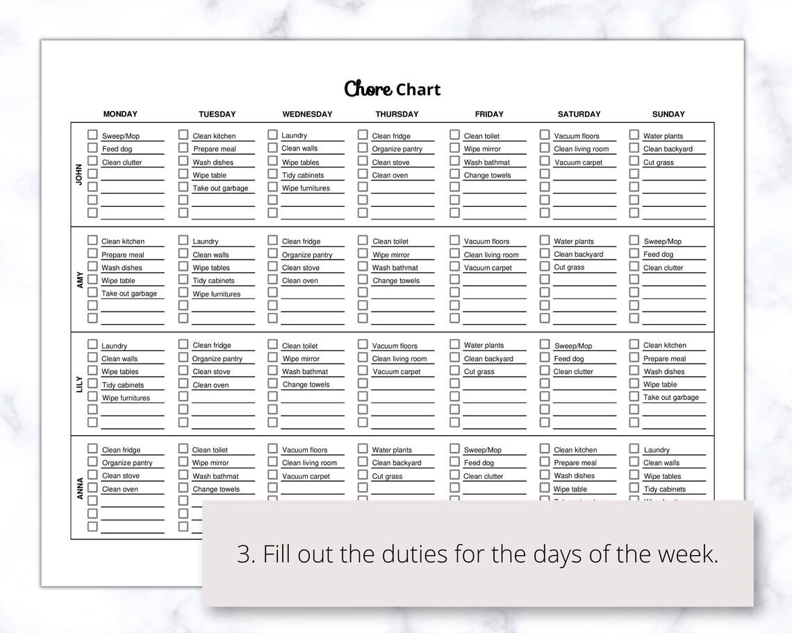 Chore Chart Printable PDF for Family or Adults, Daily Weekly Chore ...