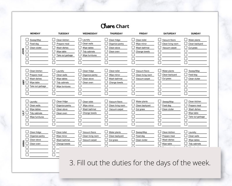 Chore Chart Printable PDF for Family or Adults, Daily Weekly Chore ...