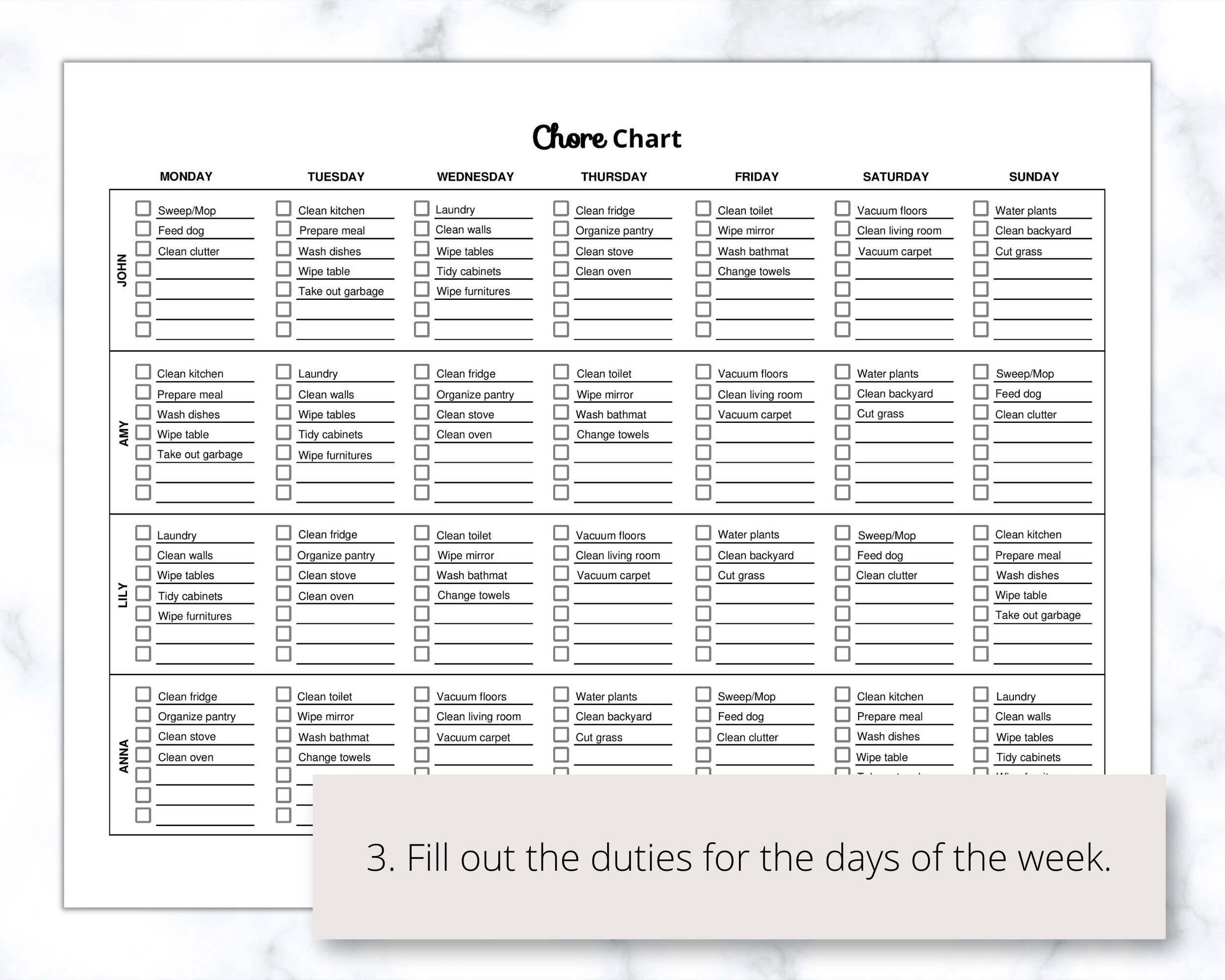 Chore Chart Printable PDF for Family or Adults, Daily Weekly Chore ...