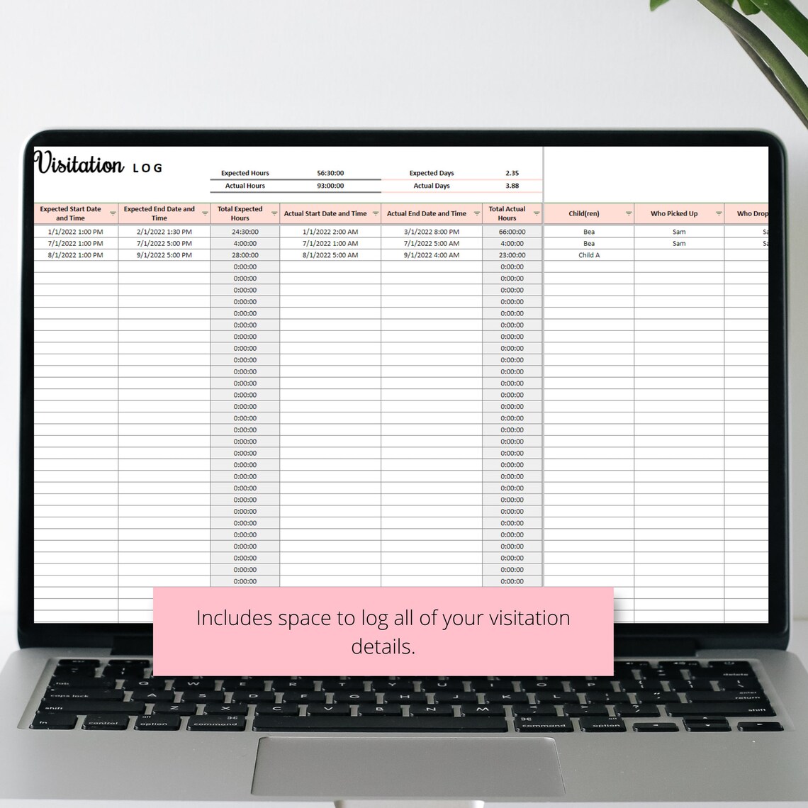 Child Custody Visitation Log Excel Spreadsheet, Parental Visits, Child ...