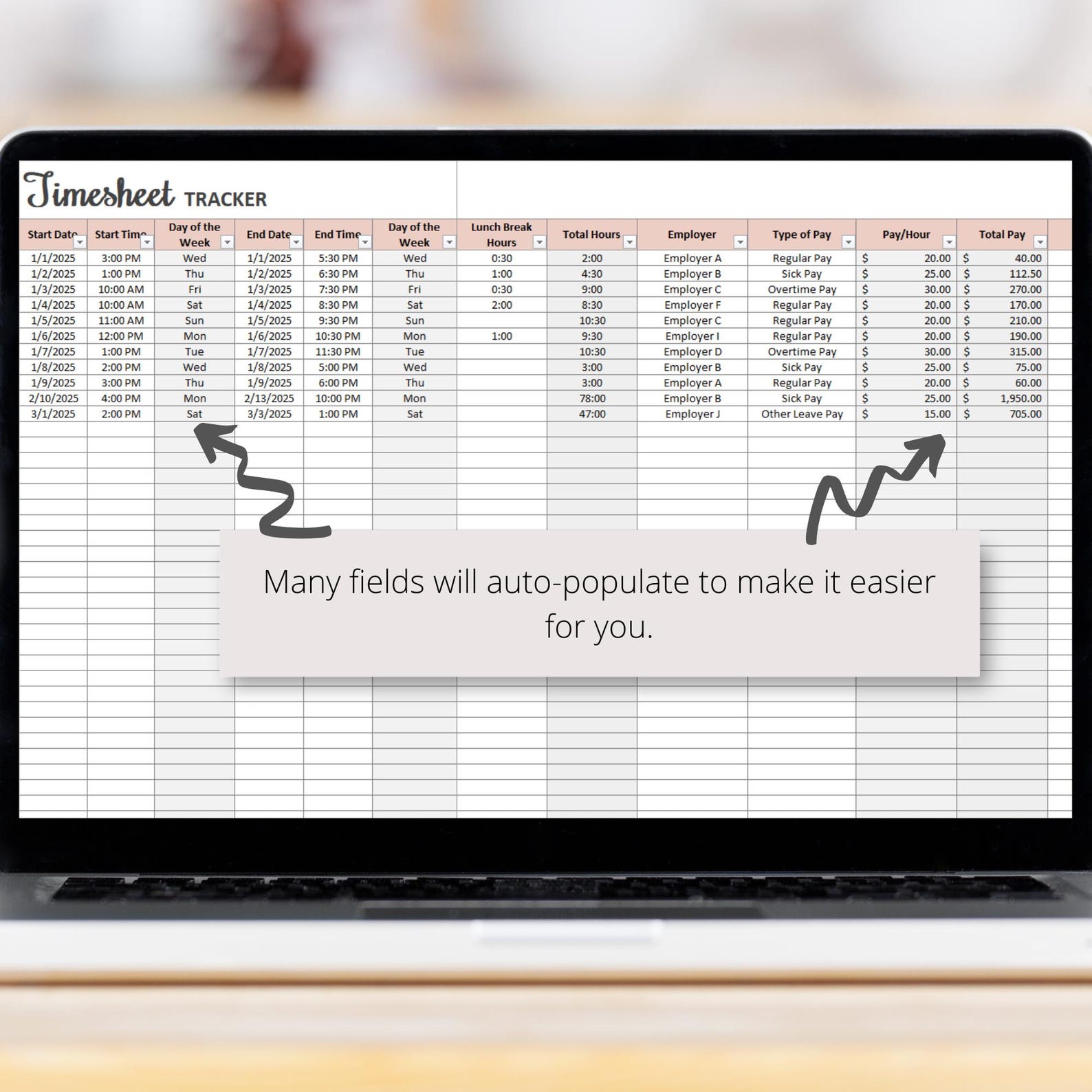 Simple Timesheet Tracker Excel Spreadsheet, Track Billable Hours Excel ...