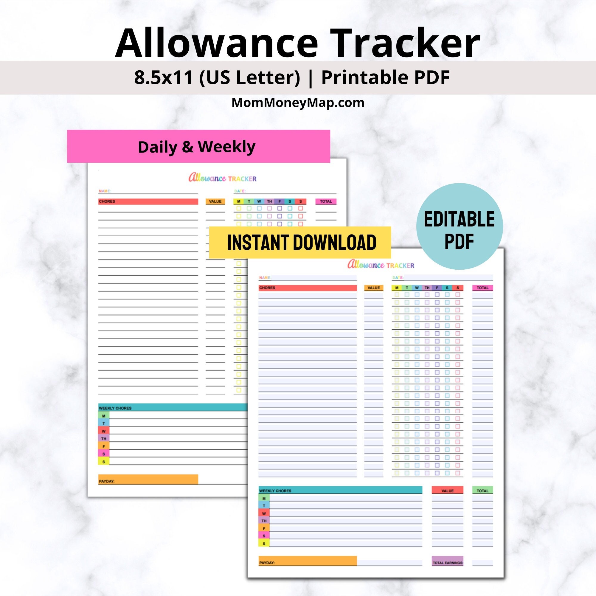 Multi-color Weekly Allowance Tracker Printable PDF, Allowance Tracker ...