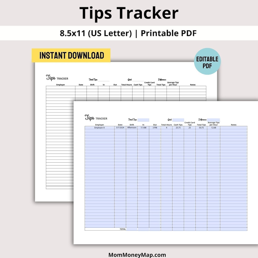 Tips Tracker Printable PDF, Track Daily Tips for Taxes, Server Tips ...
