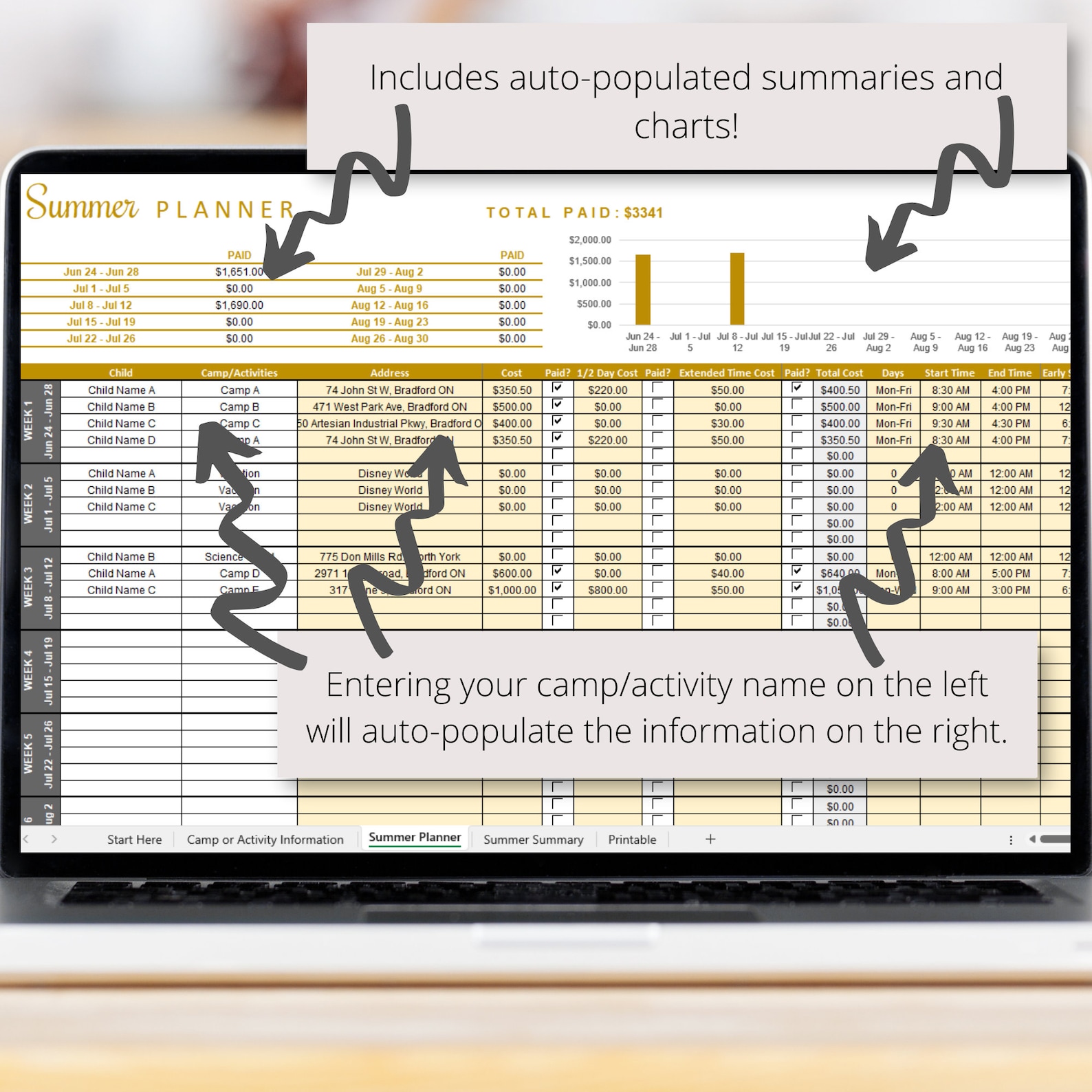 Summer Camp Planner Excel Spreadsheet, Summer Camp Organizer, Camp ...